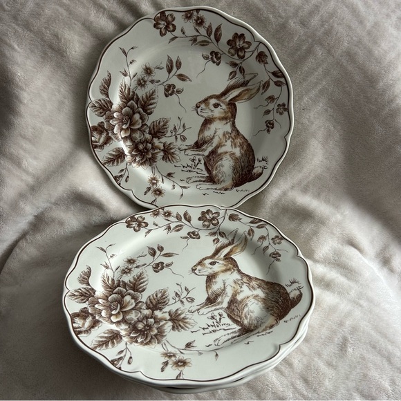 Dining | Maxcera Easter Bunny Brown White Rose Toile Salad Plates Set ...